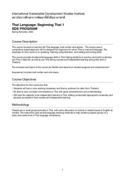 2022 Spring - SDS Thai 1 Syllabus update .pages - ISDSI